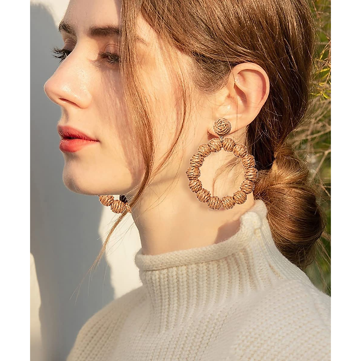 Rattan Zinc Earrings Rattan Ball Hoop Dangle Earrings for Women Handmade Bohemia Earrings Braid Straw Wicker Raffia Earrings Summer Beach Accessory Gifts (Brown)