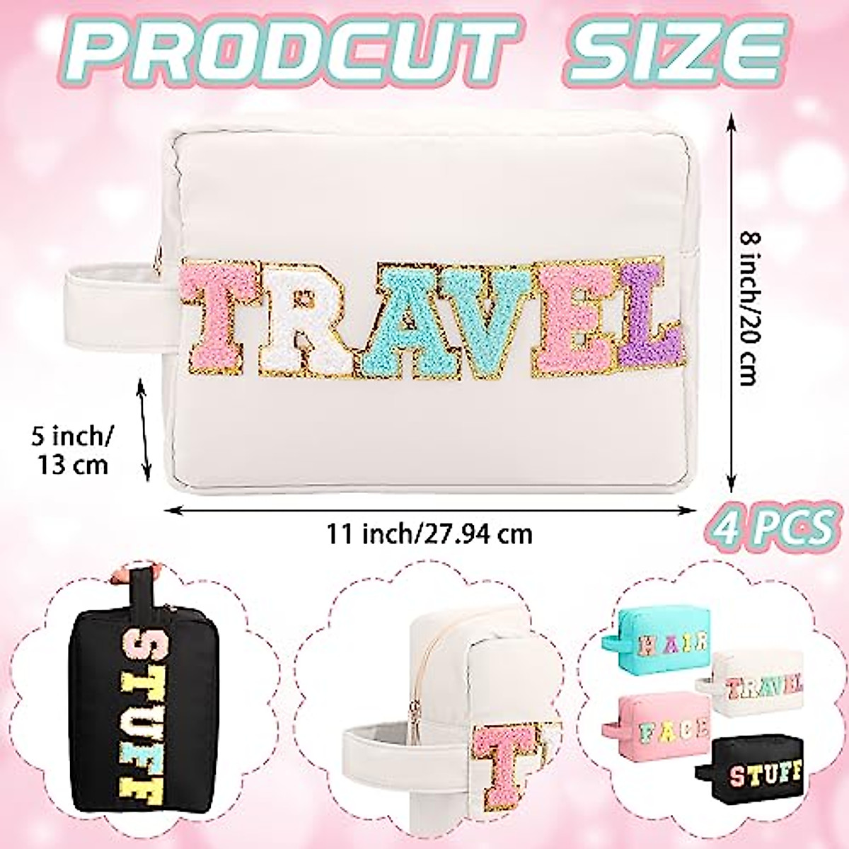 Cunno 4 Pieces Large Preppy Makeup Bag Chenille Letter Patch Makeup Bag 11x8x5 inch Nylon Cosmetic Bag Portable Zipper Face Bag Cute Girls Toiletry Bag for Women Travel (Letter Patches)