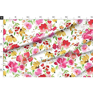 Spoonflower Fabric - Watercolor Floral Red Green Pink Jumbo Large Spring Summer Blackeyed Printed on Polartec(R) Fleece Fabric by The Yard - Sewing Blankets Loungewear and No-Sew