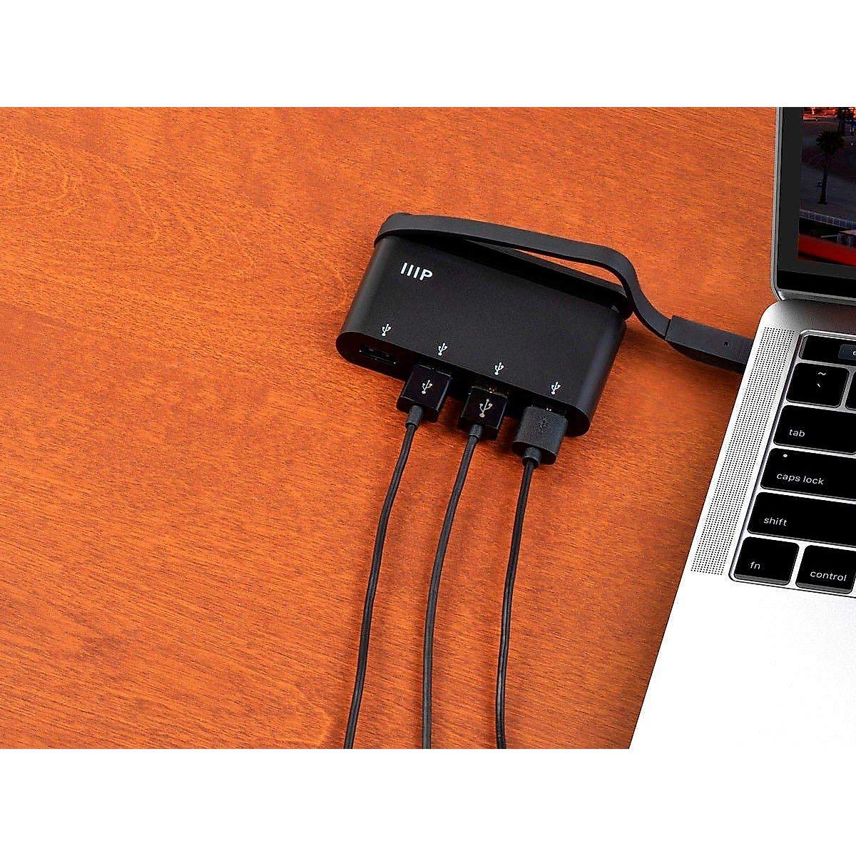 Monoprice 133570 USB-C to 4-Port/USB 3.0 Hub Adapter - Black with Folding USB Type-C Connector - Mobile Series