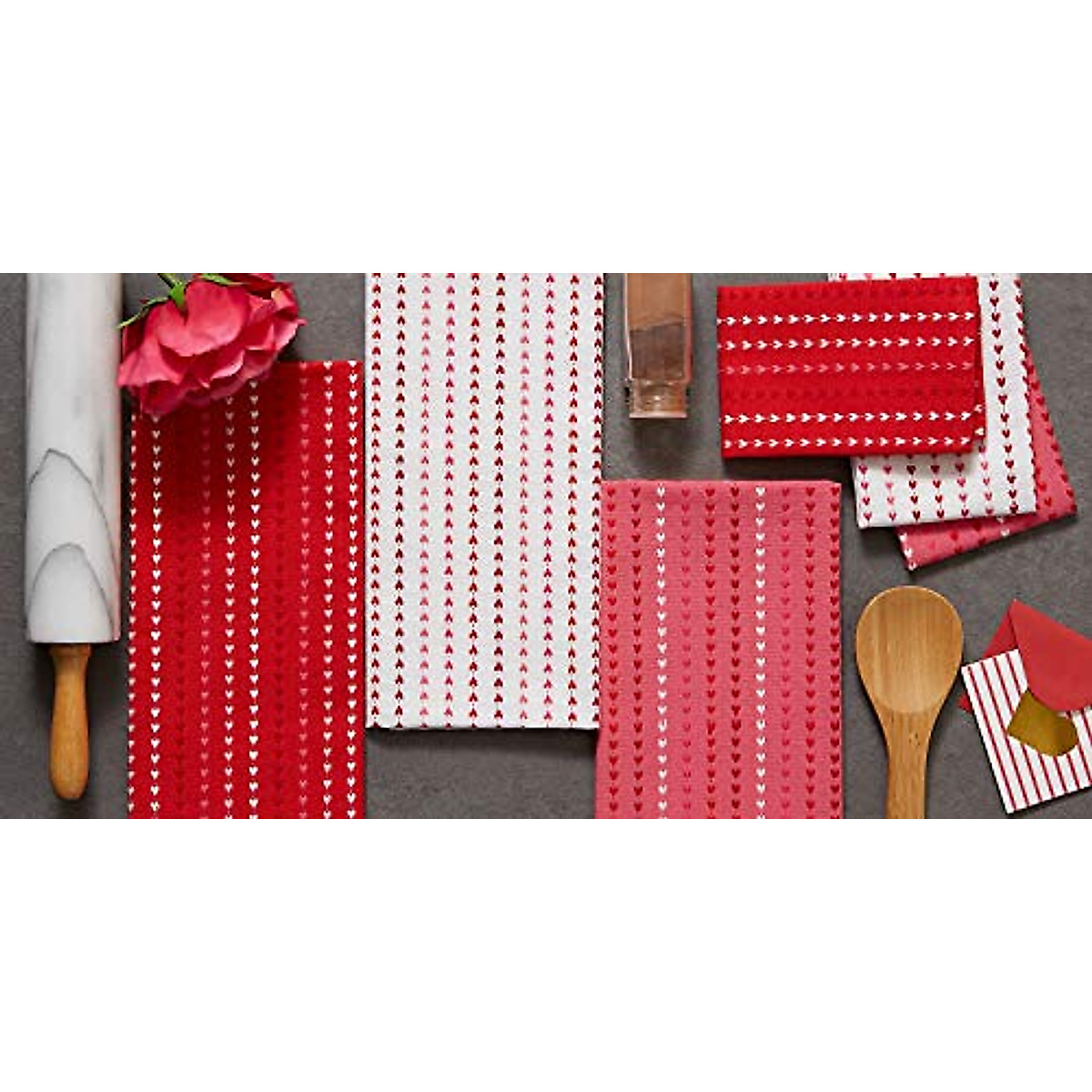 DII Valentine's Day Collection Kitchen, Dishtowel/Dishcloth Set, Hearts Dobby Stripe, 6 Piece