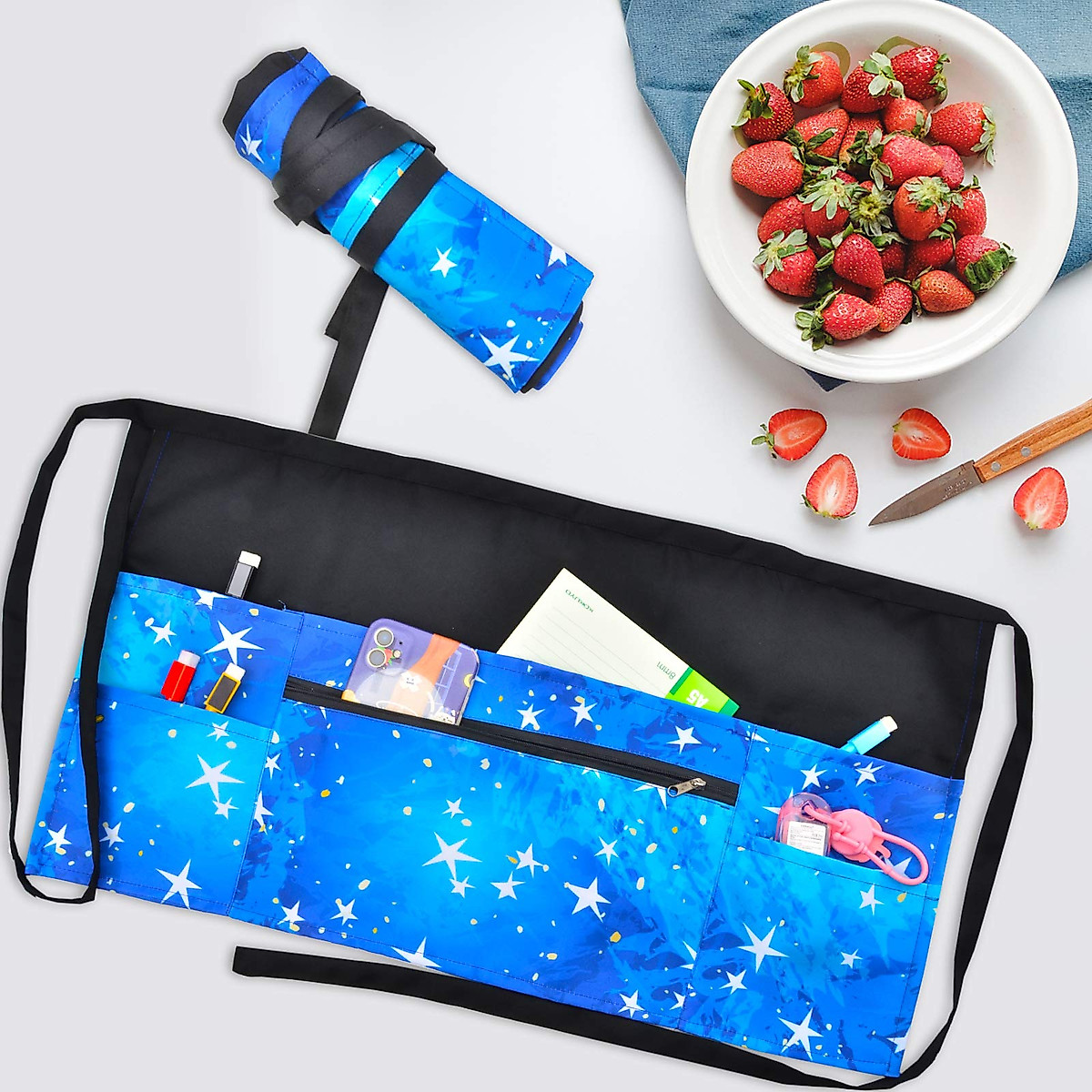 Fiodrimy Server Apron Waitress Apron with 6 Pockets, Half Waist Aprons Restaurant Chef Aprons for Women Men Home Cooking Restaurant Serving Work (Blue Starry)