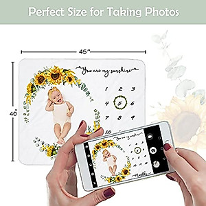 fundich Baby Milestone Blanket for Baby Girl|Newborn Monthly Milestone Picture Blanket|Sunflower Nursery Decor|Baby Girl Photo Background Prop Blanket 45"x40" with Wreath and Headband