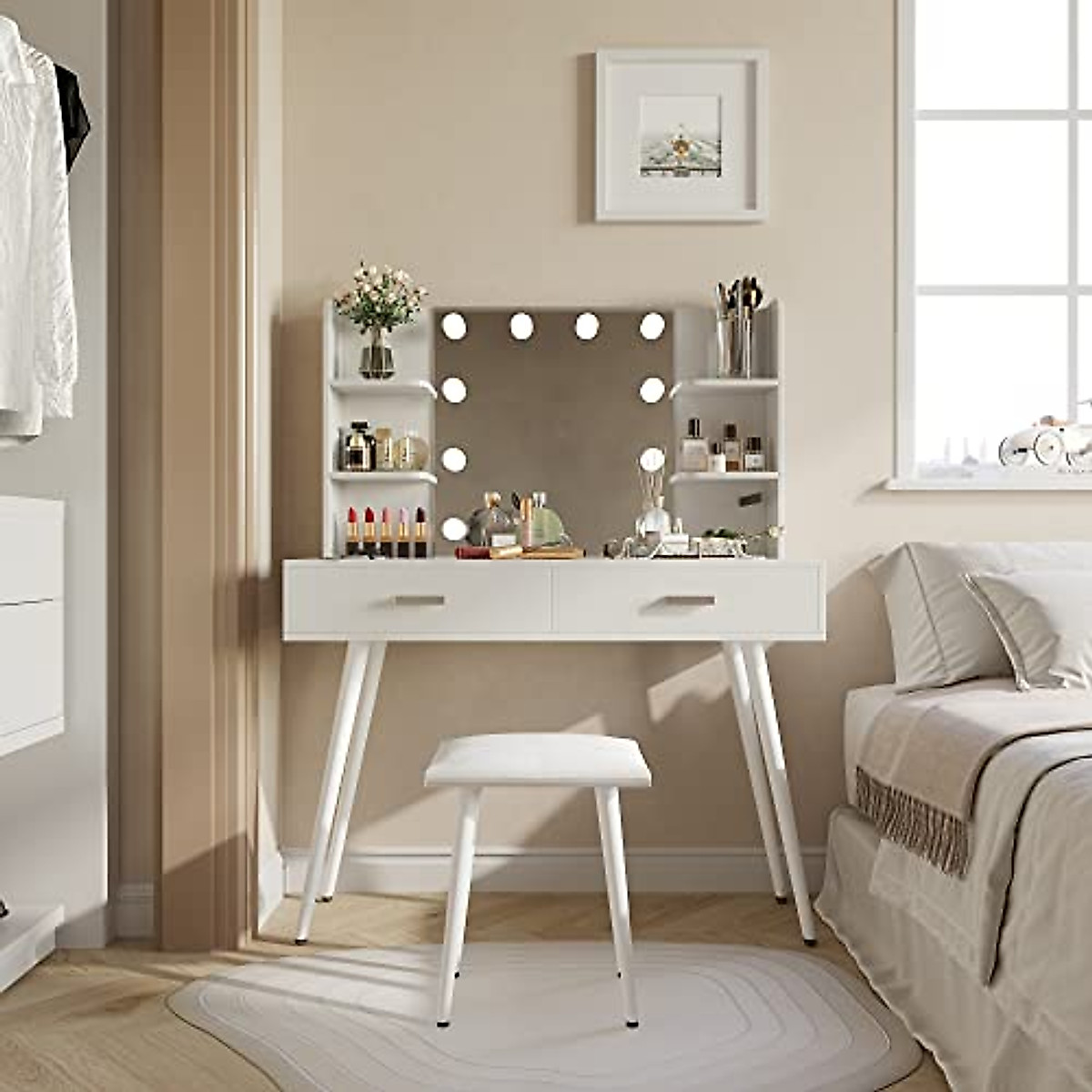 Furniouse Vanity Desk, Vanity Mirror with Lights, Makeup Table Set with Drawers, Vanity Set for Bedroom with 3 Lighting Modes Studio White