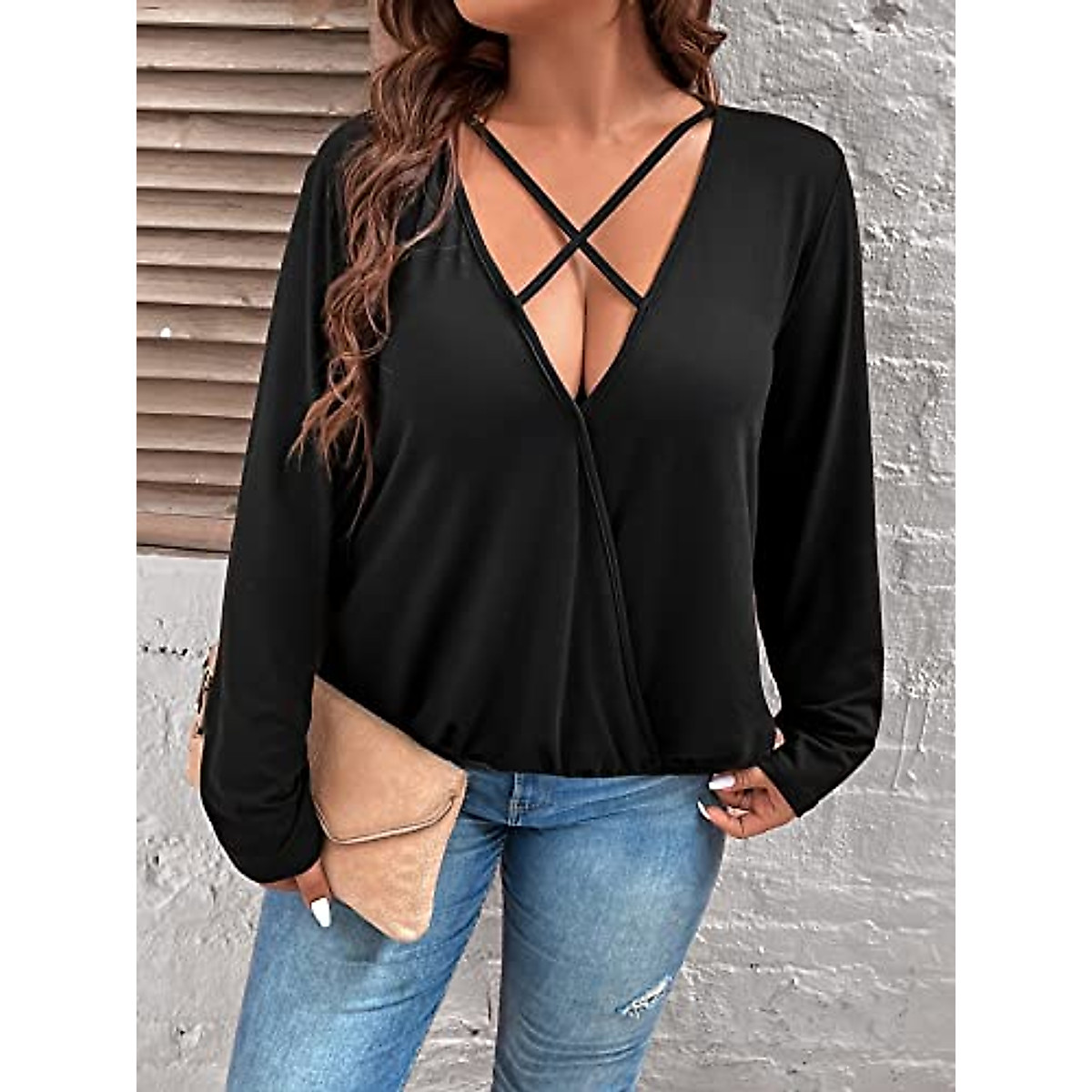 WDIRARA Women's Plus Size Criss Cross Wrap Deep V Neck Long Sleeve Tee T Shirt Black 3XL