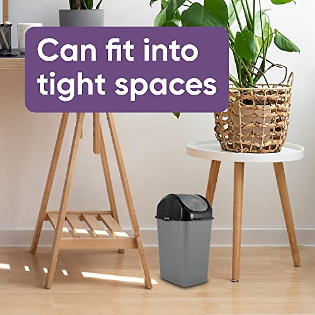 Superio 1.25 Gal Mini Plastic Trash Cans with Swing Top Lid, (2 Pack) Small Waste Bin for Countertop, Desk, Vanity, Bathroom 5 Quart (Grey/Black)