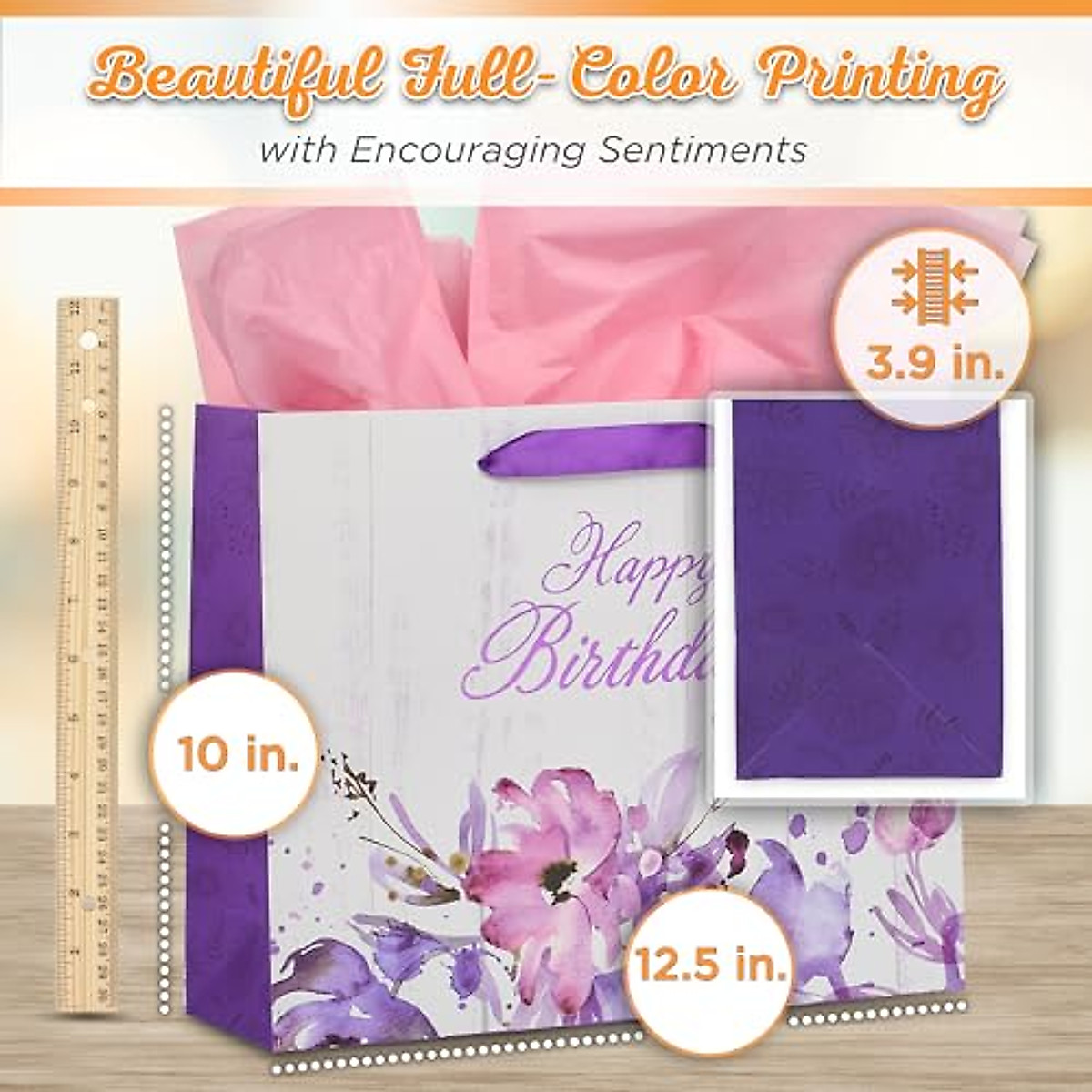 Christian Art Gifts Three Piece Landscape Gift Bag w/Card & Tissue Paper Set for Women: Happy Birthday - White & Purple Blooming Spring & Summer Floral for Moms, Grandmas, Sisters, Girlfriends, Large