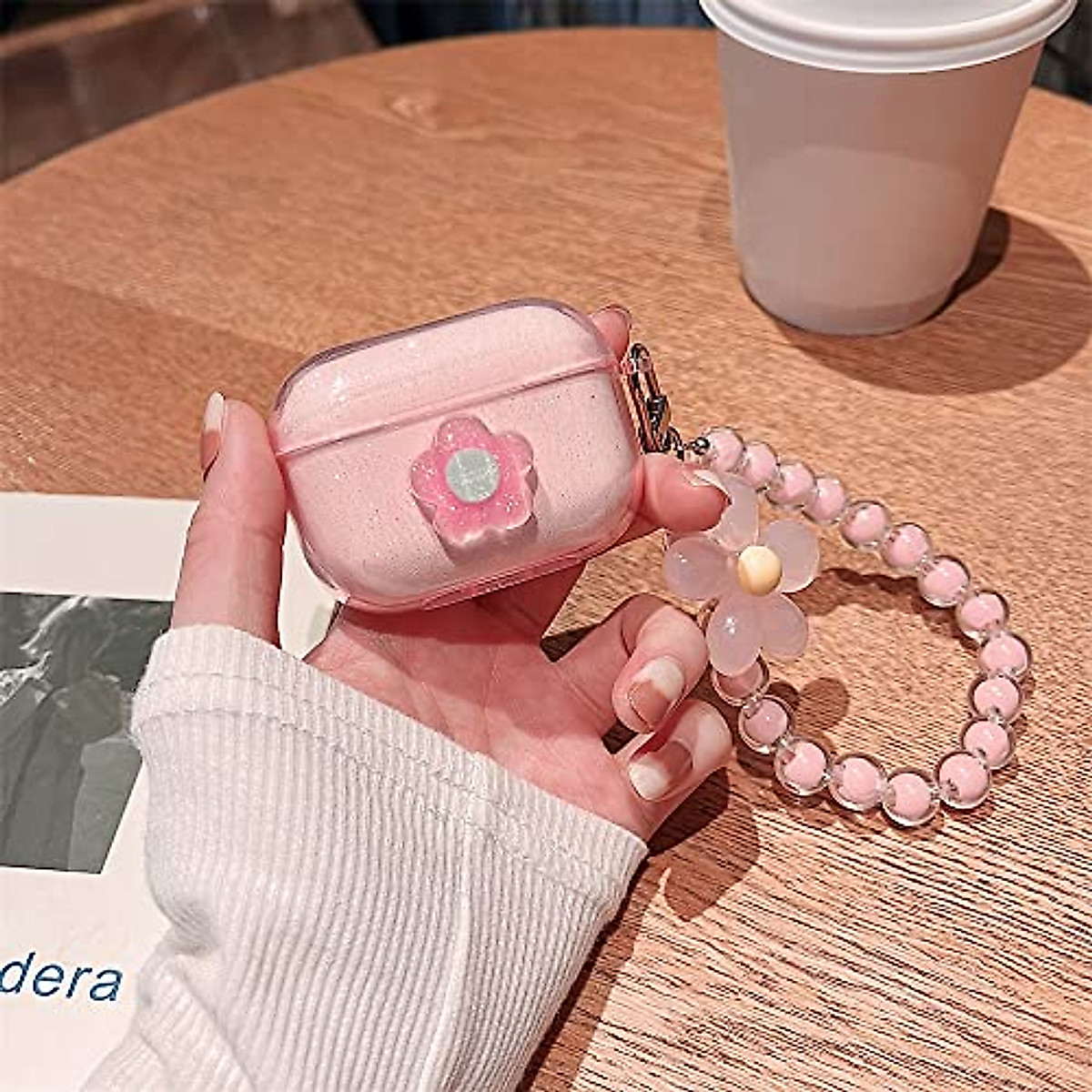MINSCOSE Cute Airpod pro Case,Cute 3D Flower Clear Cover Case with Pretty Pink Crystal Flower Keychain Soft Silicone Smooth Shockproof Compatible with Airpods Pro Charging Case for Girls Women