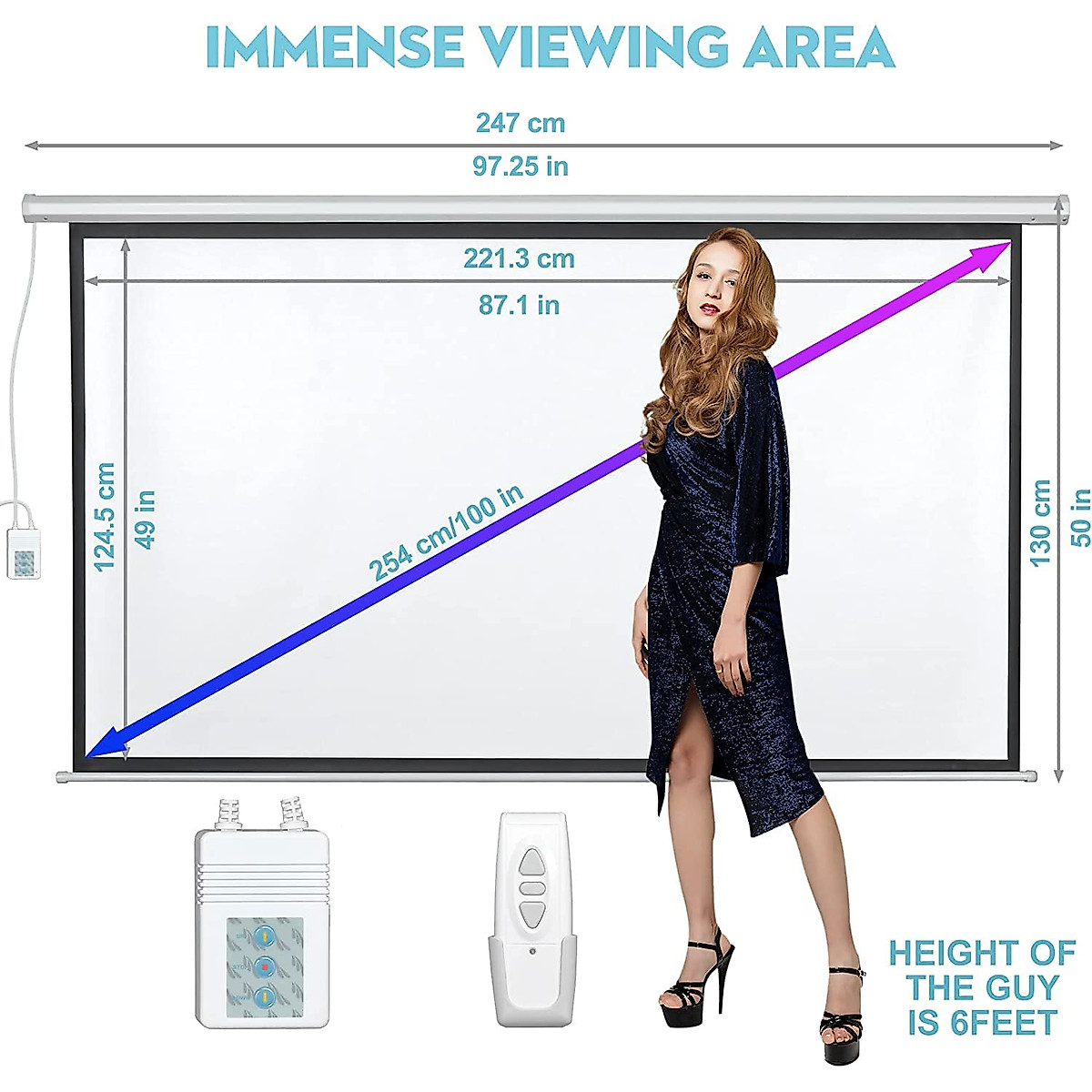 Motorized Projector Screen - DINAH 16:9 4K 3D HD 100 inch Electric Projector Screen Pull Down with Wireless Remote Contror (100in)