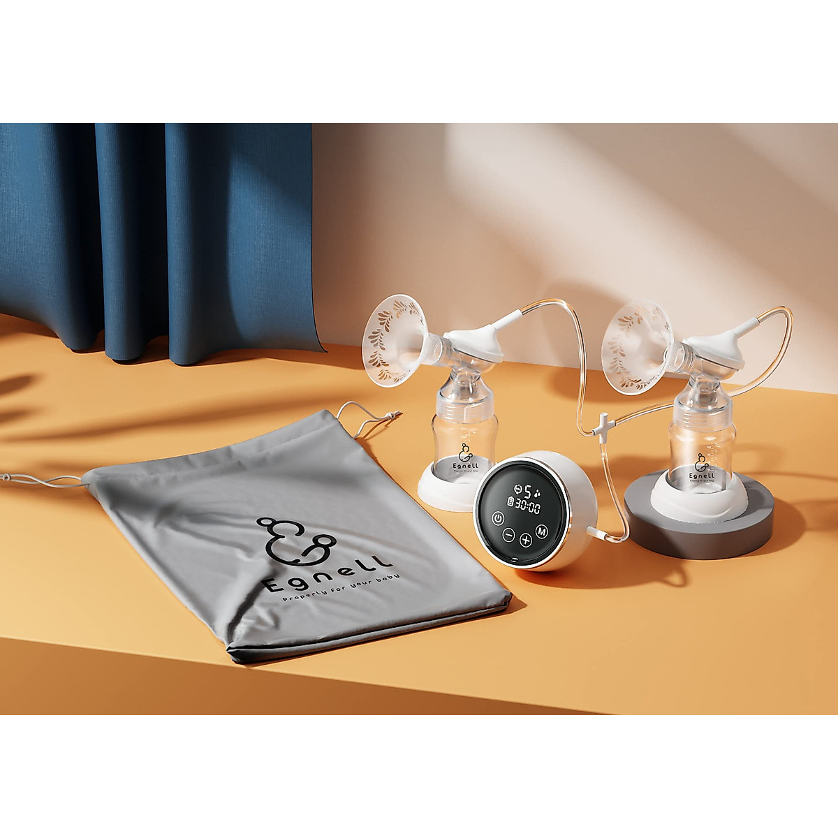 EGNELL Double Electric Breast Pump with Milk Bags - Quiet and Portable with 6 Modes and 9 Levels of Suction - Touch Screen LED Display and USB Charger
