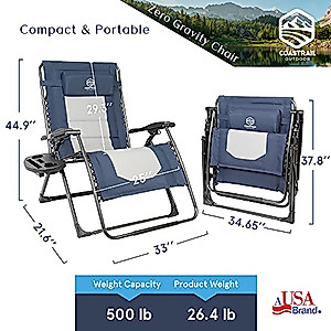 Coastrail Outdoor Zero Gravity Chair Premium Large Armrest Padded Comfort Folding Patio Lounge Adjustable Recliner with Cup Holder & Side Table, 500lb Capacity, Navy/Grey
