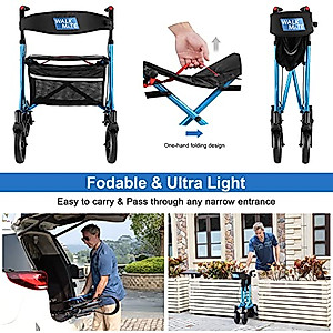 WALK MATE Rollator Walker for Seniors with Cup Holder, Upgraded Thumb Press Button for Height Adjustment, 4 x 8" Wheels Walker with Seat Padded Backrest Folding Lightweight Walking Aid, Blue