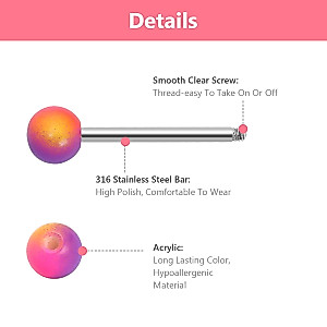 CrazyPiercing 12pcs Colorful Ball Tongue Rings, Stainless Steel Barbell Tongue Ring Retainer or Nipple Ring 14G Bar Length 16mm