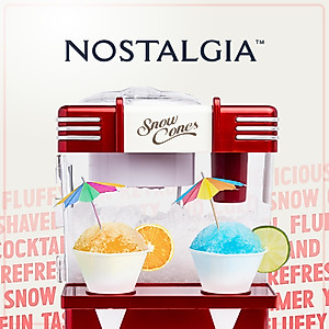 Nostalgia Retro Table-Top Snow Cone Maker, Makes 20 Icy Treats, Shaved Ice Machine Includes 2 Reusable Plastic Cups & Ice Scoop, Retro Red
