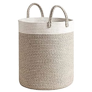MXMHOME Large Laundry Hamper, 20" X 15" X 15" Tall Woven Rope Storage Basket for Blanket, Cotton Rope Basket Laundry Hamper for Clothes, Toys, Dirty Clothes, Soft Baby Hamper for Nursery, 58L, Brown