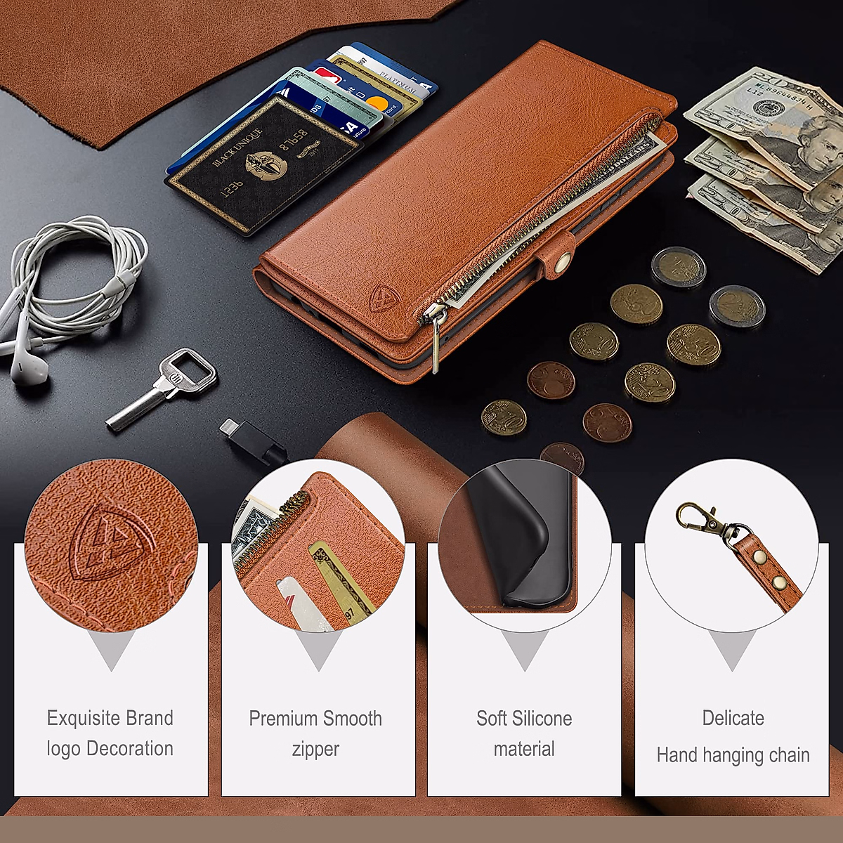 XcaseBar for Samsung Galaxy S21 Ultra Wallet case with Zipper Credit Card Holder【RFID Blocking】, Flip Folio Book PU Leather Phone case Shockproof Cover Women Men for Samsung S21Ultra case Light Brown