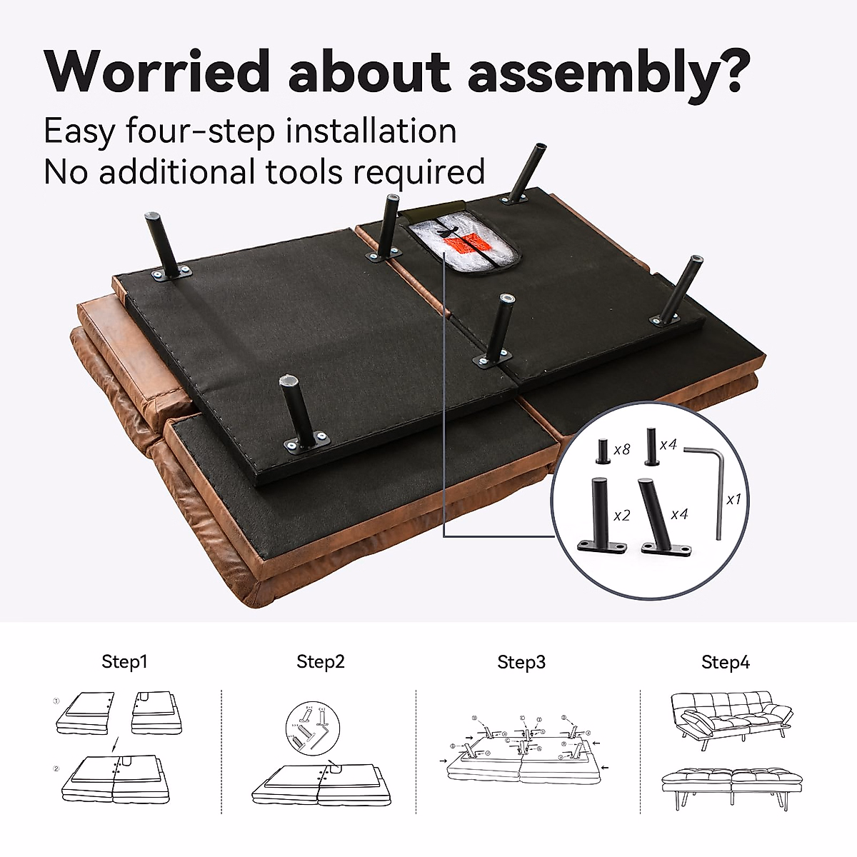 Hcore Convertible Futon Sofa Couch,3” Memory Foam Splitback Sofa,Brown Faux Leather Memory Foam Loveseat,Small Euro Lounger Sofa for Compact Living Spaces,Apartment,Studio,Office/Cushion Thickening