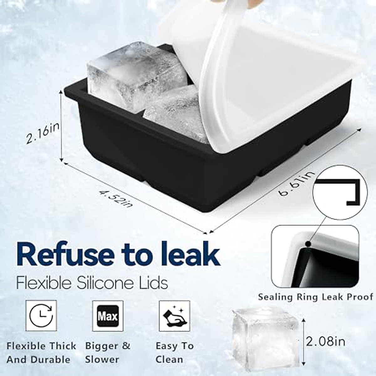 Ice Cube Tray, Silicone Large Ice Cube Molds for Freezer with Lid (4 Pcs), 6 Ball Ice Tray, 4 Diamond & 6-Ice Trays, Reusable Ice Mold for Whiskey ，Drinks，Juices and Cocktails. (Black)