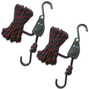 Kayak Tie Down Straps Canoe Bow and Stern Heavy Duty Cargo Ratchet Pulley Rope Hanger (Black Sleeve Elite, 12 Feet,2pack)