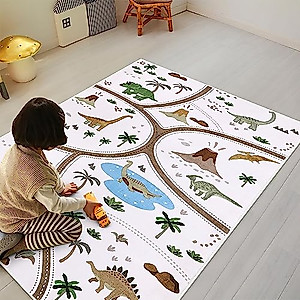 Lukinbox Kids Carpet Playmat Rug for Playroom, 4' x 6' Dinosaur Road Traffic Play Mat for Bedroom, Large Non-Slip Washable Children Nursery Area Rugs Baby Crawling Mat for Kids Room Safe Area