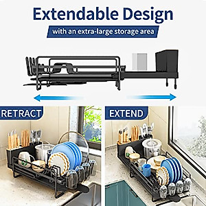 HERJOY Dish Drying Rack for Kitchen Counter, Large Dish Rack Expandable Black Drying Dish Drainers Rack, Anti-Rust Drying Rack with Drainboard and Cup Holders Rack Organizer