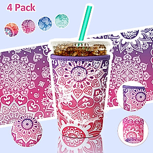 4 Pieces Reusable Coffee Sleeve Cup Insulator for Cold Drinks Beverages and Neoprene Holder for Most Coffee (22-24 oz Medium,Datura Style)