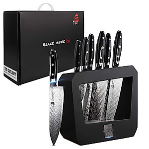 TUO Knife Set - Kitchen Knife Set with Wooden Block 7 pieces - G10 Full Tang Ergonomic Handle - BLACK HAWK S SERIES with Gift Box