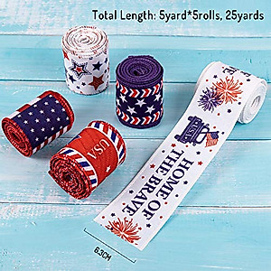 Whaline 5 Patriotic Ribbon Roll 4th of July Stars and Stripes Burlap Wired Edge Ribbon 25 Yards White Blue Red Decorative Ribbon for Independence Day Gift Wrapping DIY Wreath Bow Craft Sewing