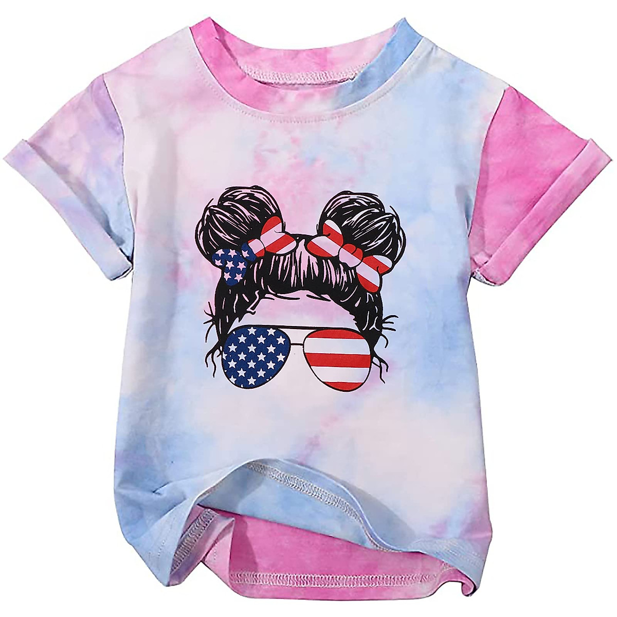 4th of July American Flag Baby Girls Shirt Messy Bun T-Shirt Patriotic Tee Tops O-Neck Short Sleeve USA Clothes
