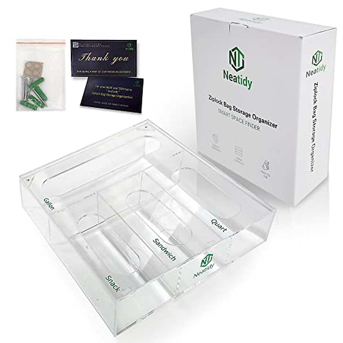 Neatidy Ziplock Bag Storage Organizer – Clear Acrylic Storage Bag Organizer – 4-in-1 Baggie Organizer for Gallon, Snack, Sandwich, Quart Bags – Solid Acrylic Bag Holder for Kitchen Drawer, Counter