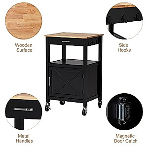 Rolling Kitchen Island Cart with Storage, Farmhouse Kitchen Cart on Wheels, Kitchen Cabinet with Barn Door and Drawer for Dining Room, Wood Top & Side Hooks, 36” H, Black