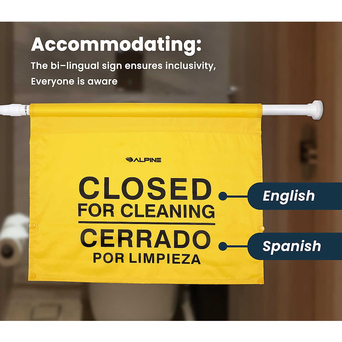 Alpine Restroom Closed for Cleaning Sign, Commercial Door Barricade Sign, English & Spanish Bathroom Sign, Yellow Safety Hanging Sign for Cleaning In Progress Restroom