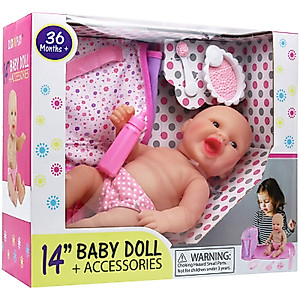 Click N' Play Baby Girl Doll 14” with Caring Accessory Set, Pink