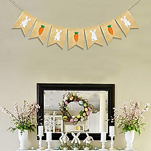 FAKTEEN Happy Easter Burlap Banner Decorations Rabbit & Carrot Hanging Bunting Garland for Spring Easter Party Décor Photo Booth Backdrop