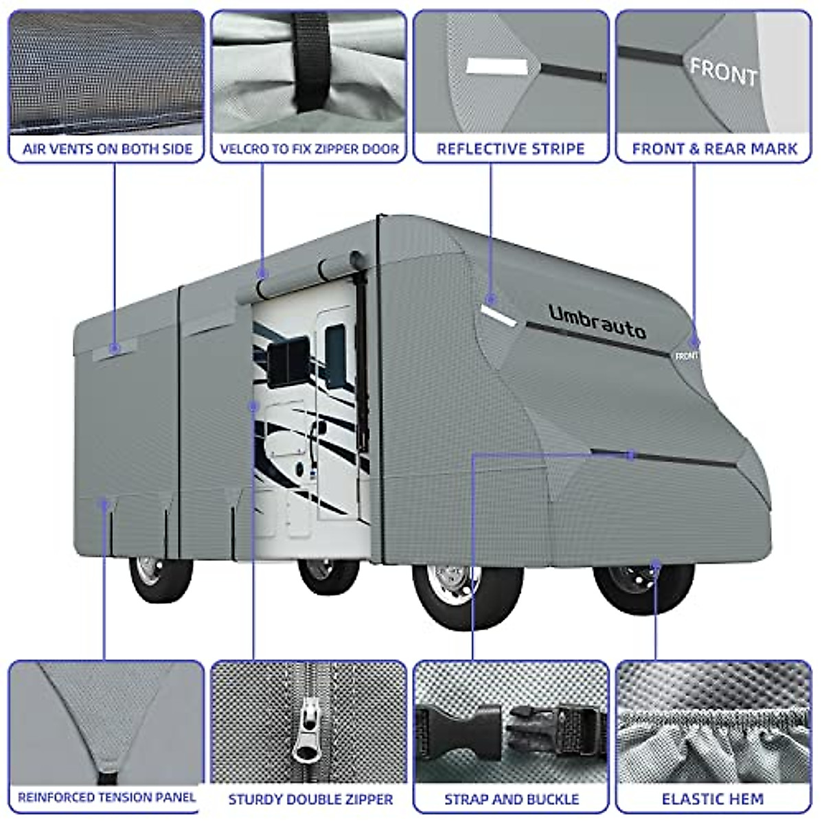 Umbrauto RV Cover Class C 2023 Upgraded 7 Layers Anti-UV Top Panel Motorhome Cover Windproof Camper Cover for 26' to 29' Motorhome with 2Pcs Extra Straps, Adhesive Repair Patches, 6 Gutter Covers
