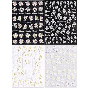 3D Embossed Spring Flower Nail Art Stickers Decals 4 Sheets 5D Self-Adhesive Pegatinas Uñas Pink Cherry Blossoms Floral Nail Supplies Nail Art Design Decoration Accessories