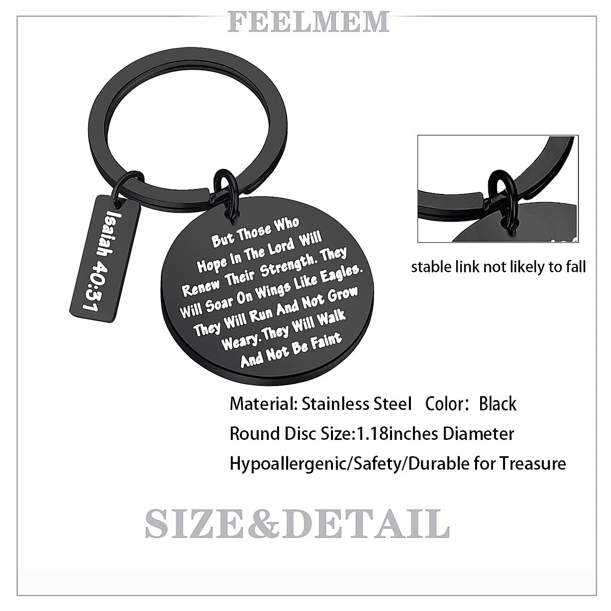 FEELMEM Christian Keychain Soar on Wings Like Eagles Isaiah 40:31 Bible Verse Keychain Religious Jewelry Encouragement Gift (40:31-black)