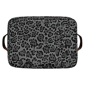 Moudou Black Leopard Storage Basket 2 Pcs, Waterproof Canvas Collapsible Toys Storage Bin with Leather Handles for Closet,Shelves, Nursery, Dorm, Bedroom, Office, Home Decor