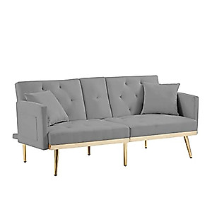 HoRunzelin Soft Velvet Sleeper Sofa Bed with Cup Holder and 2 Pillows for Living Room,Luxury Loveseat Couch Can Put Down The Back,Grey