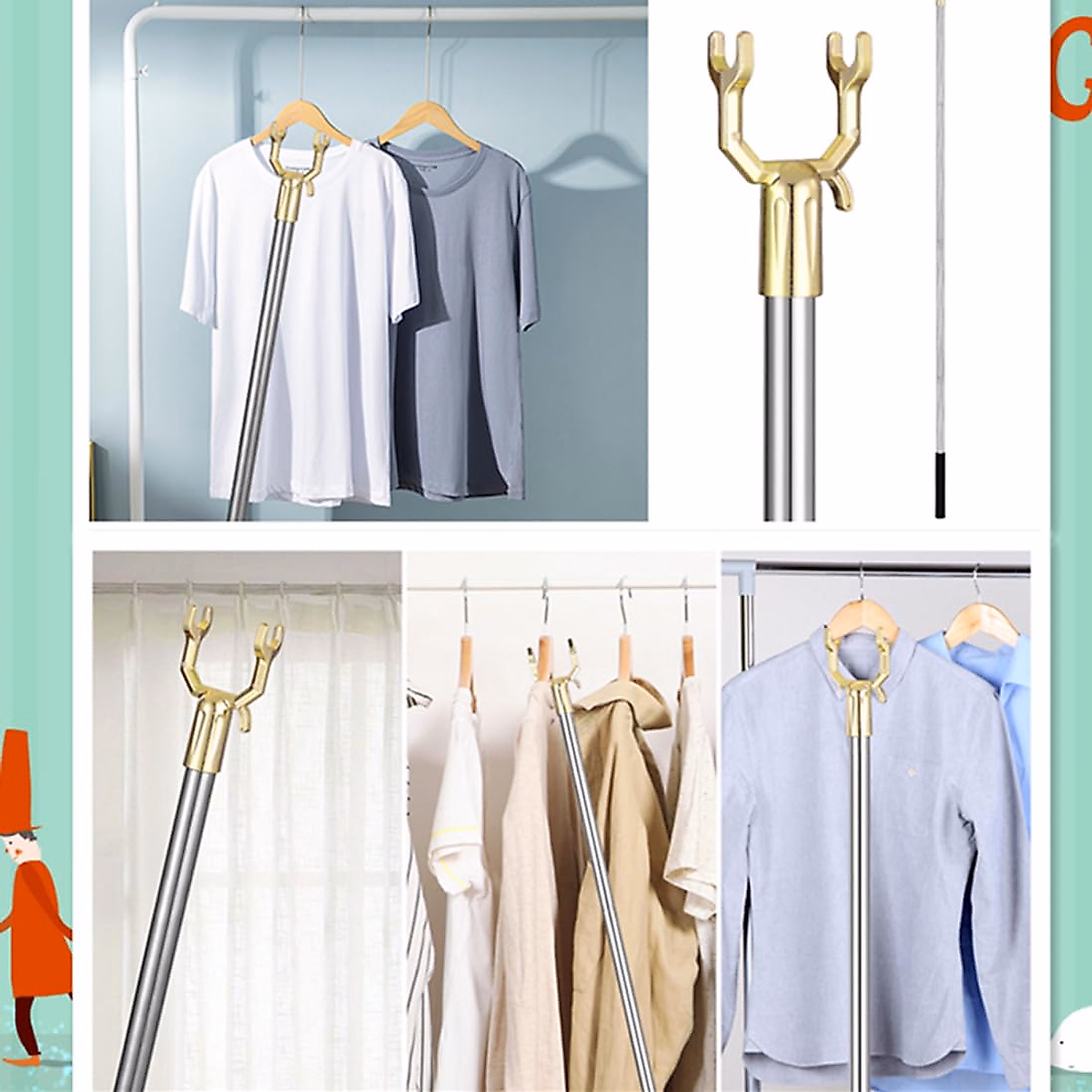 58 inch extended long rod wardrobe clothing telescopic rod with long handle, suitable for high reach areas, clothes drying rod with hook is very suitable for university dormitories
