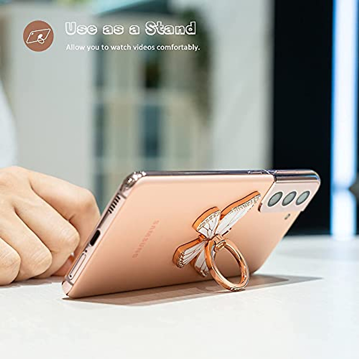 Cell Phone Ring Holder Stand with Crystal Stone and Enamel Process, Butterfly 360° Rotation Finger Kickstand Metal Back Stand Hand Grip with Knob Loop Compatible with Smartphone (Gold Pearl White)