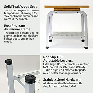 Aman Teak & Aluminum Indoor Outdoor Shower/Bath/Spa/Patio Stool Bench, Seat Chair, Side Table with Storage Shelf and Adjustable TPR Feet, Anthology Spa Collection, B101/GRY (Light Gray)