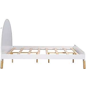 Kids Full Bed Frame with Curved Headboard, Children Full Platform Bed Frame with Shelf Behind Headboard, Cute Wooden Single Bed for Kids, Girls Boys, No Box Spring Needed (Full, White)