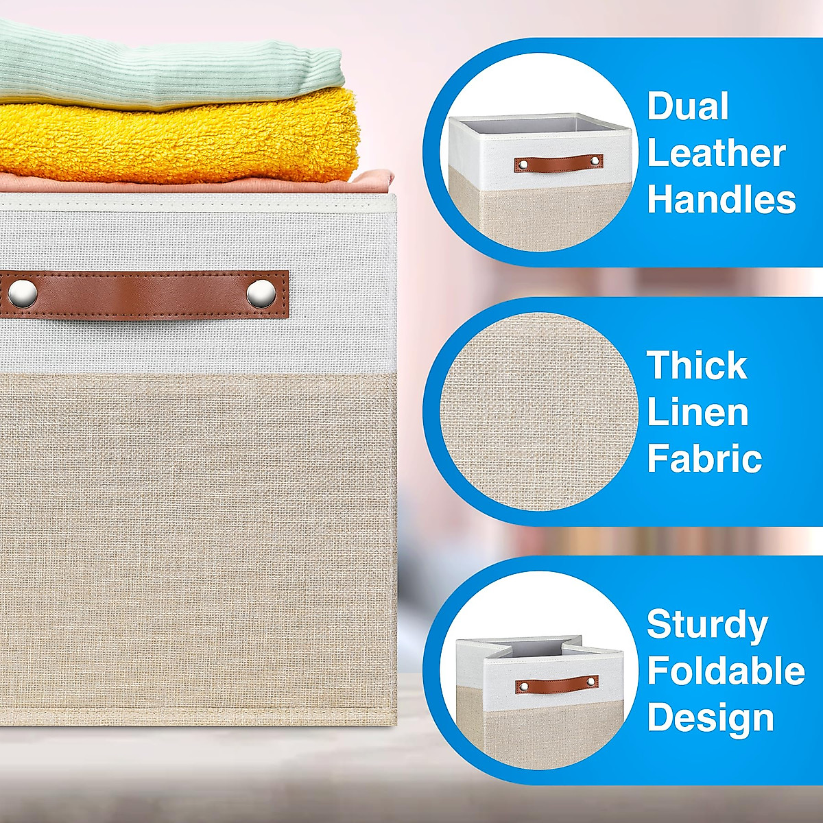 Pomatree 11 Inch Cube Storage Bin - 6 Pack - Linen Fabric Cubby Storage Bins for Bedroom, Living Room, Clothes and Toys, Shelves and Closet Organizer; Foldable, Dual Leather Handles (White & Beige)