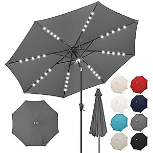 FLAME&SHADE 10 ft Solar Powered Outdoor Market Patio Table Umbrella with LED Lights and Tilt, Anthracite