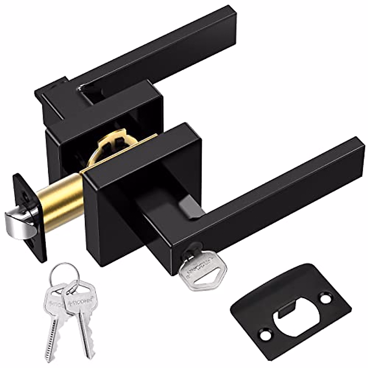 TICONN Door Handle Heavy Duty, Reversible Square Door Lever for Bedroom, Bathroom and Rooms (Black, Keyed Entry - Not Keyed Alike)