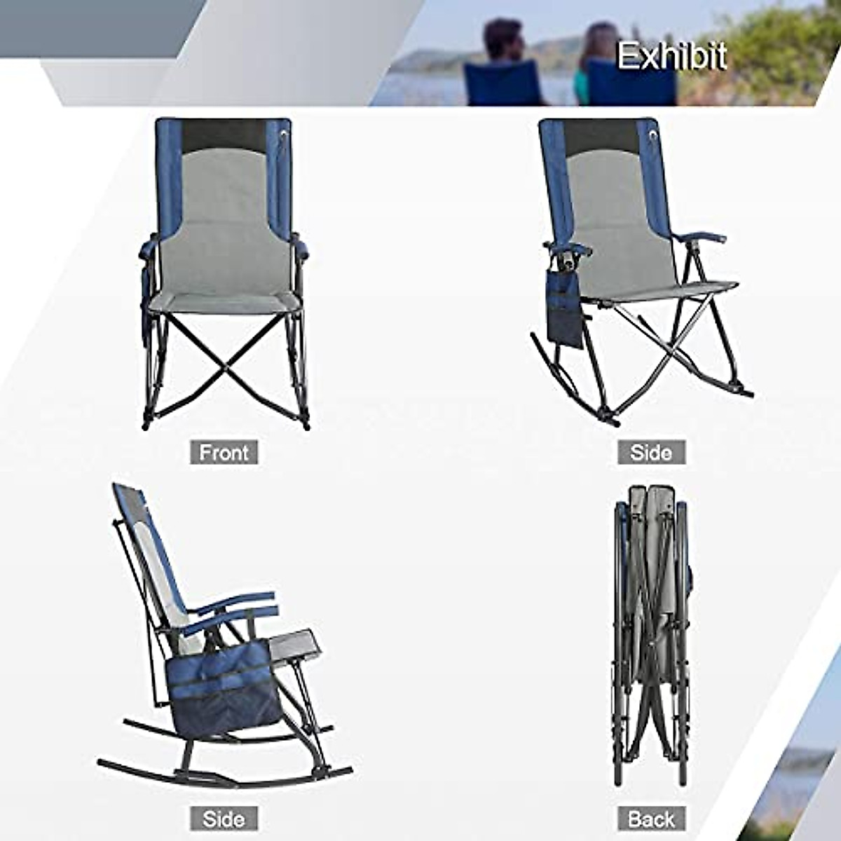PORTAL Folding Camping Rocking Chairs Thicker Outdoor Patio Rocker Recliner Chairs Support 300 lbs, Blue