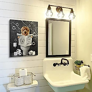 Bathroom Decor Canvas Wall Art Funny Dog Sitting in Toilet Pictures Black and White Animals Wall Decor Farmhouse Bathroom Painting for Bathroom Toilet Artwork Framed 12"x16"