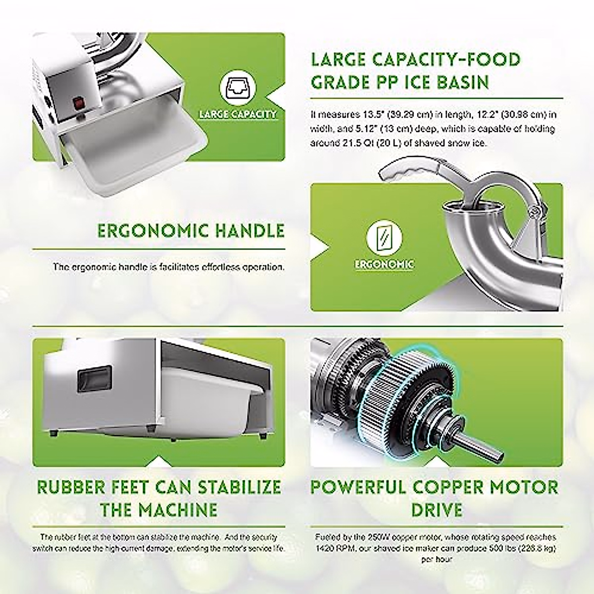 Tzechkii 110V Commercial Snow Cone Machine - Stainless Steel Ice Crusher Shaver and 20Qt Ice Basin - 250W Electric Shaved Ice Maker with Dual Blades for Home, Office, and Parties