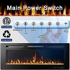 SUNNY FLAME 50" Electric Fireplace with Wi-Fi/Remote Control Wall Mounted and Recessed, Low Noise Fireplace with Timer, Touch Screen, Adjustable Flame Color and Speed, 750W/1500W, Log Set & Crystal